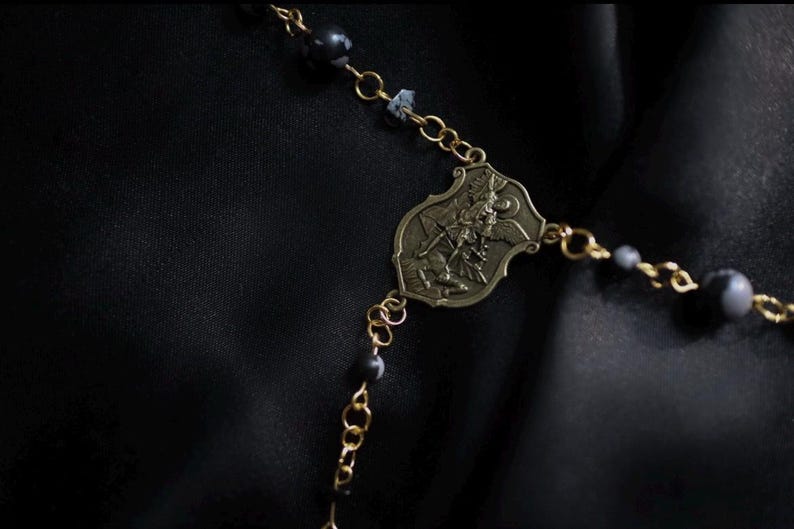 Obsidian Reverie St Michael Rosary – Hand-linked Stone Beads, Catholic ...