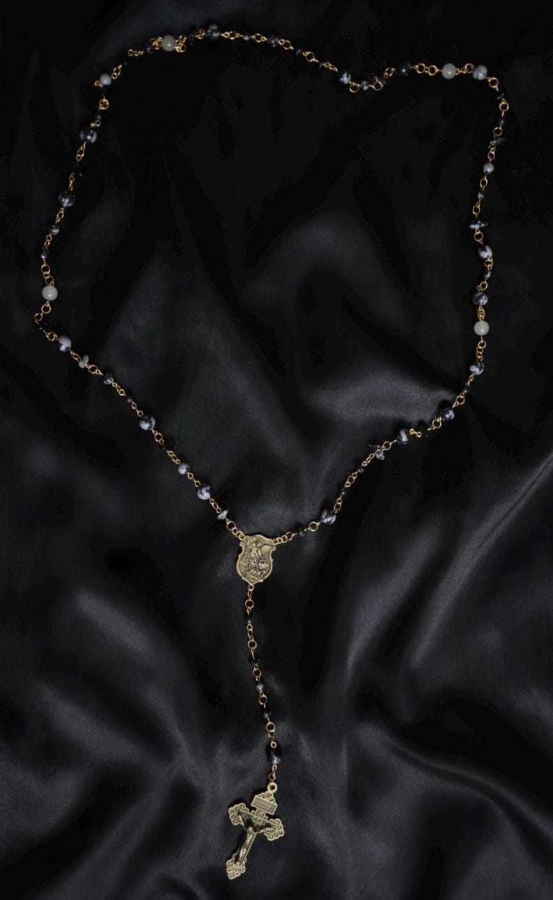 Obsidian Reverie St Michael Rosary – Hand-linked Stone Beads, Catholic ...