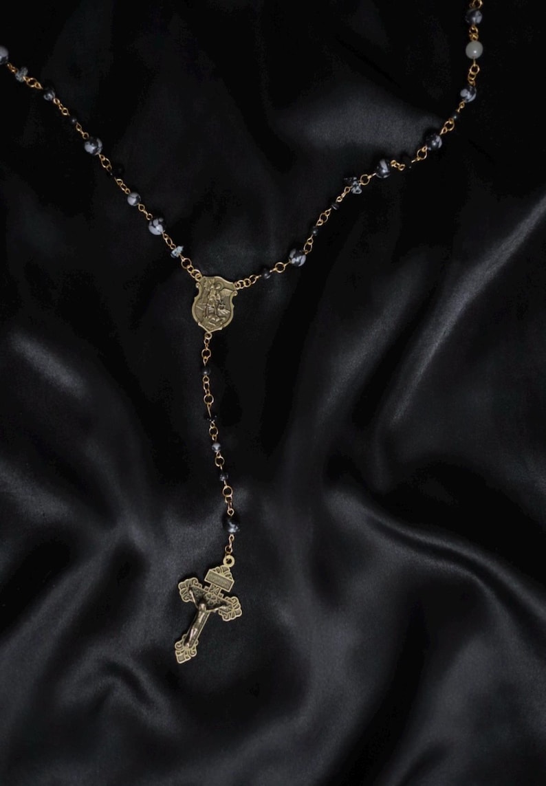 Obsidian Reverie St Michael Rosary – Hand-linked Stone Beads, Catholic ...