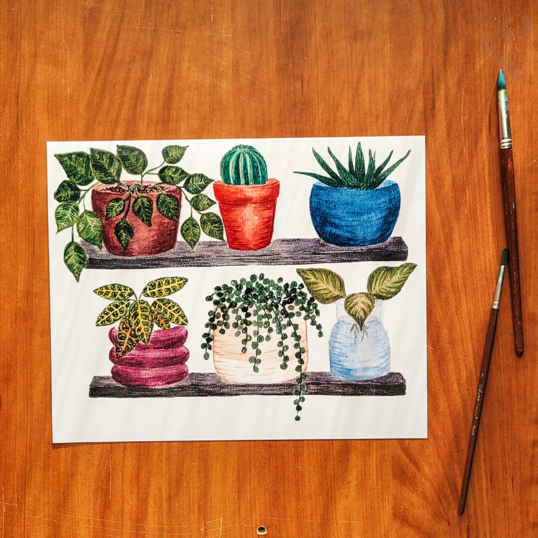 Watercolor Houseplants on Shelves | Watercolor Botanical Art Print ...