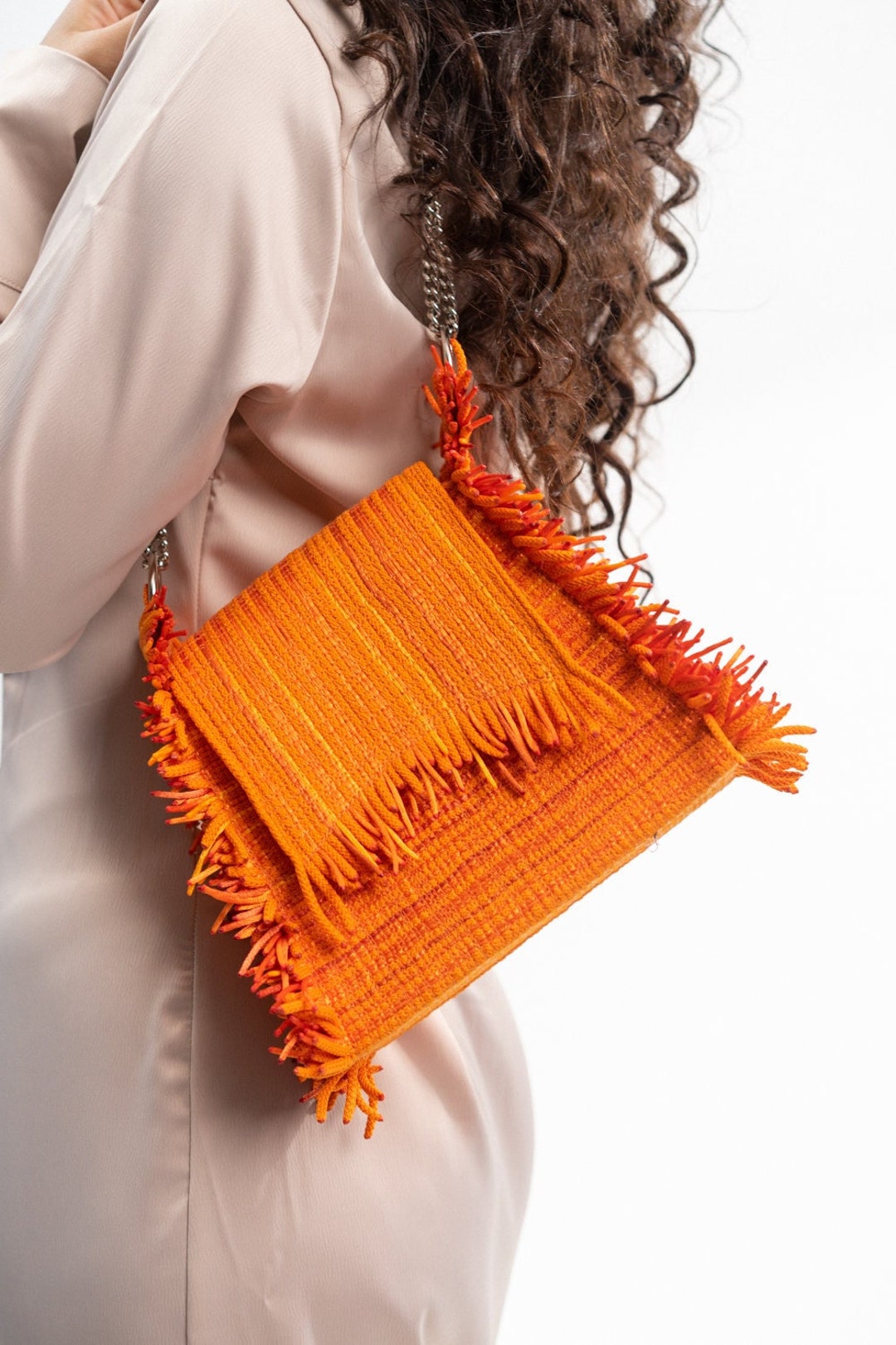 Orange Triangle Shape Top Handle, Boho/gipsy Fringe Top Purse, Custom ...