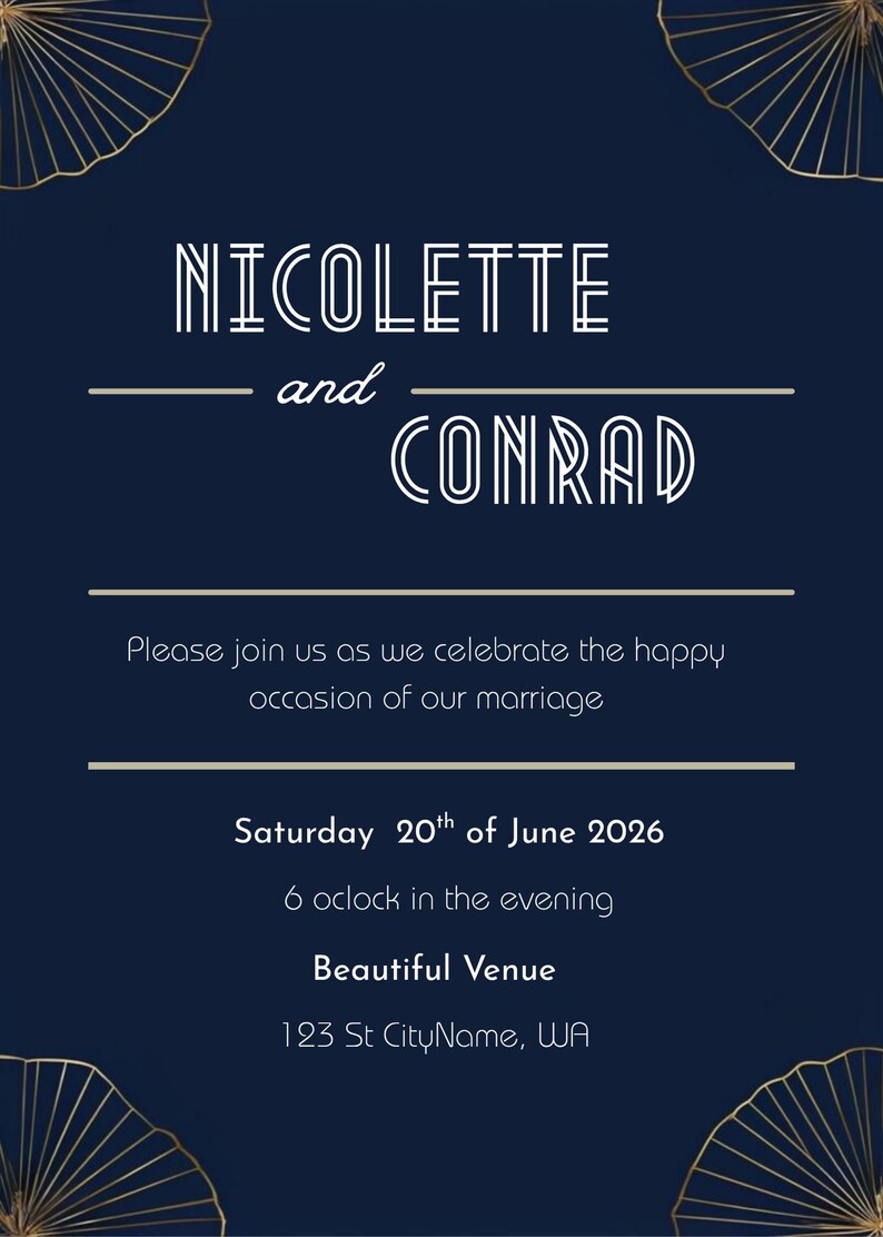 Art Deco Wedding Invitation | Printable Digital Invite | Custom Navy & Gold Flat Lay With ...