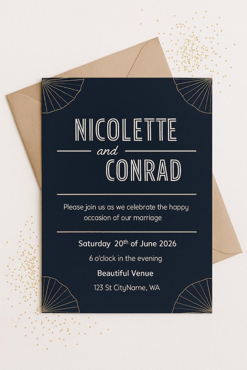 Art Deco Wedding Invitation | Printable Digital Invite | Custom Navy & Gold Flat Lay With ...