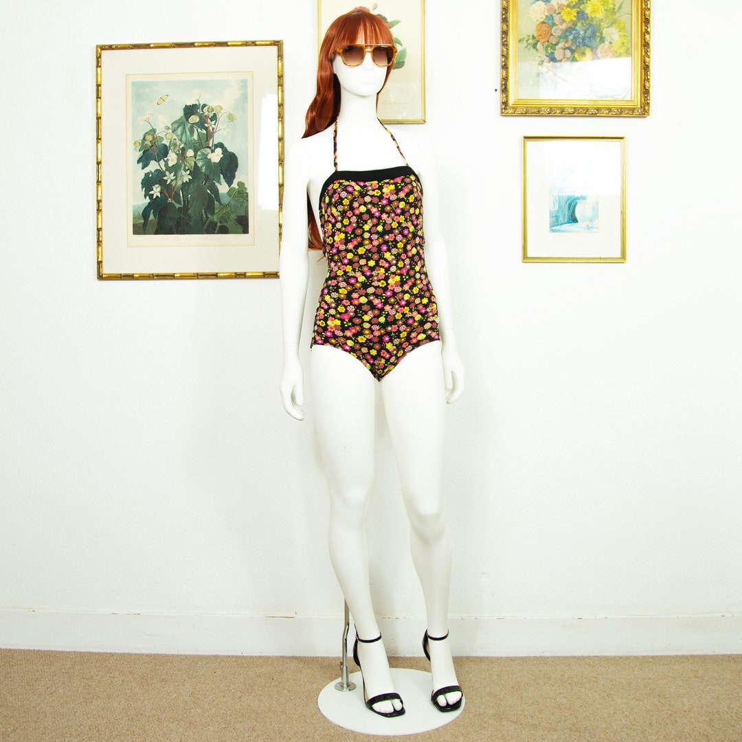 Vintage 1970s Floral Bathing Suit Open Back Hayley Collar Size S UK 8 ...