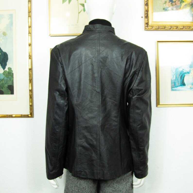 Vintage 1990s Real Leather Jacket Silver Buttons Band Collar Fitted ...