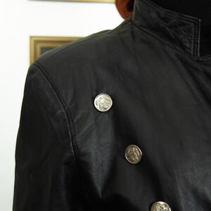Vintage 1990s Real Leather Jacket Silver Buttons Band Collar Fitted ...