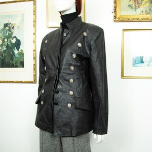 Vintage 1990s Real Leather Jacket Silver Buttons Band Collar Fitted ...