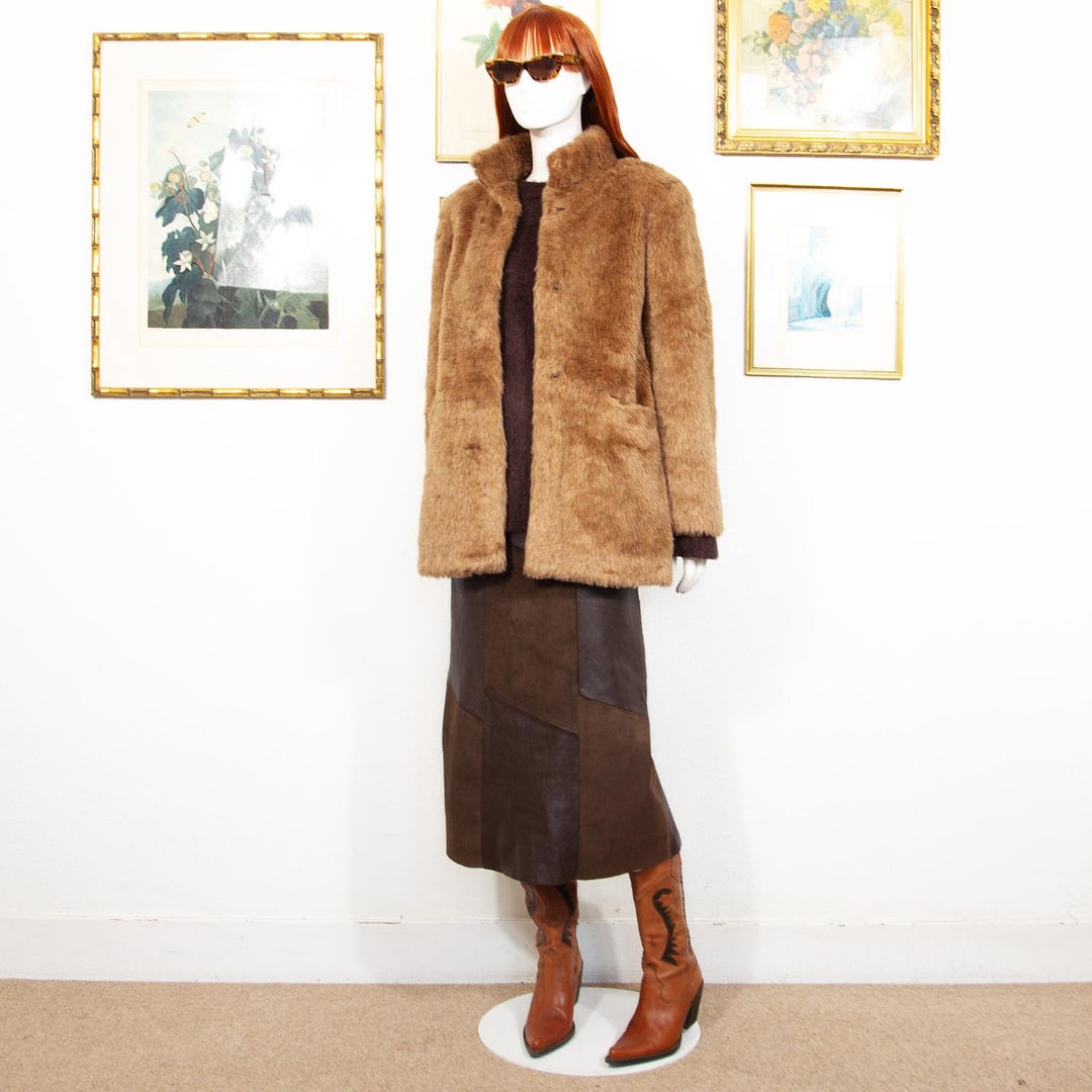 Vintage 1980s Honey Faux Fur Coat With Pockets and Band Collar Size S ...