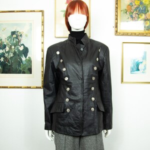Vintage 1990s Real Leather Jacket Silver Buttons Band Collar Fitted ...