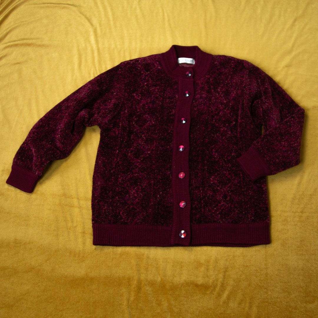 Vintage 90s Burgundy Velour Cardigan Lined Long Sleeves Acrylic Size M ...