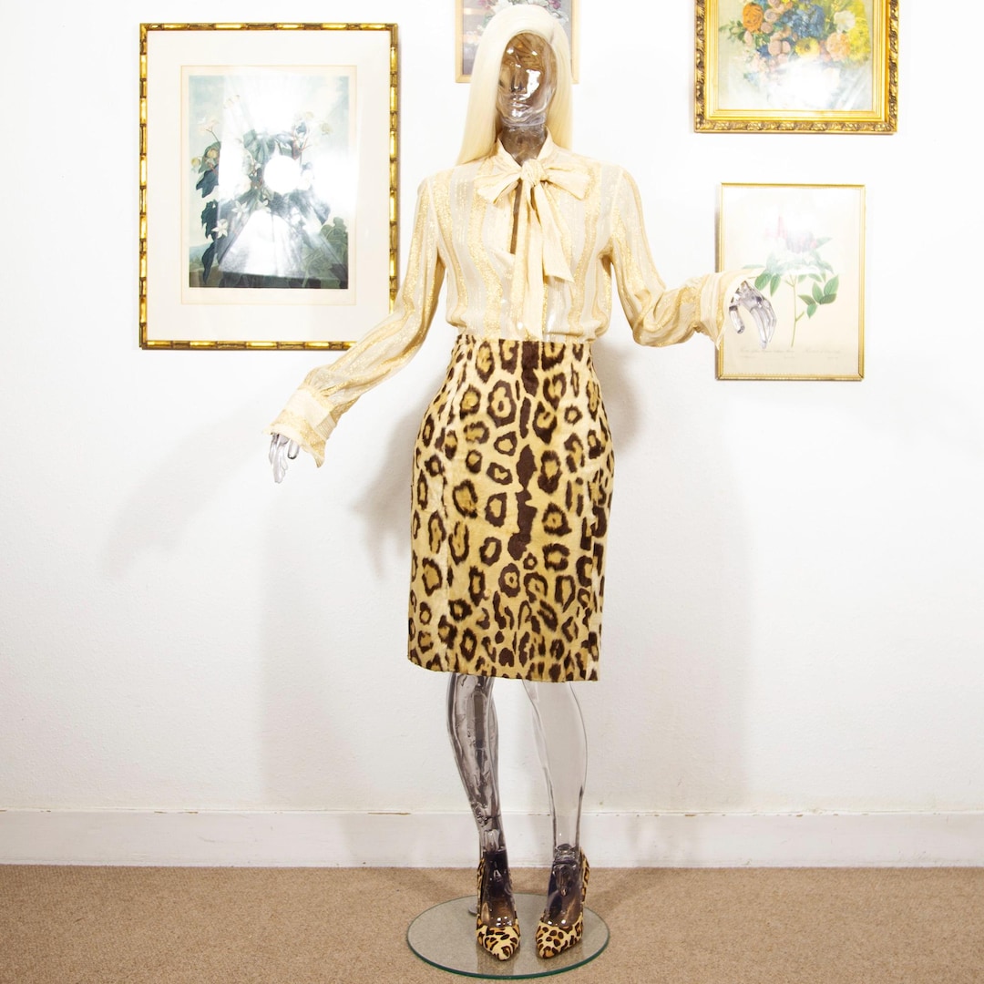 Vintage 1980s Leopard Print Faux Fur Pencil Skirt High Waist Size M UK ...