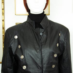 Vintage 1990s Real Leather Jacket Silver Buttons Band Collar Fitted ...