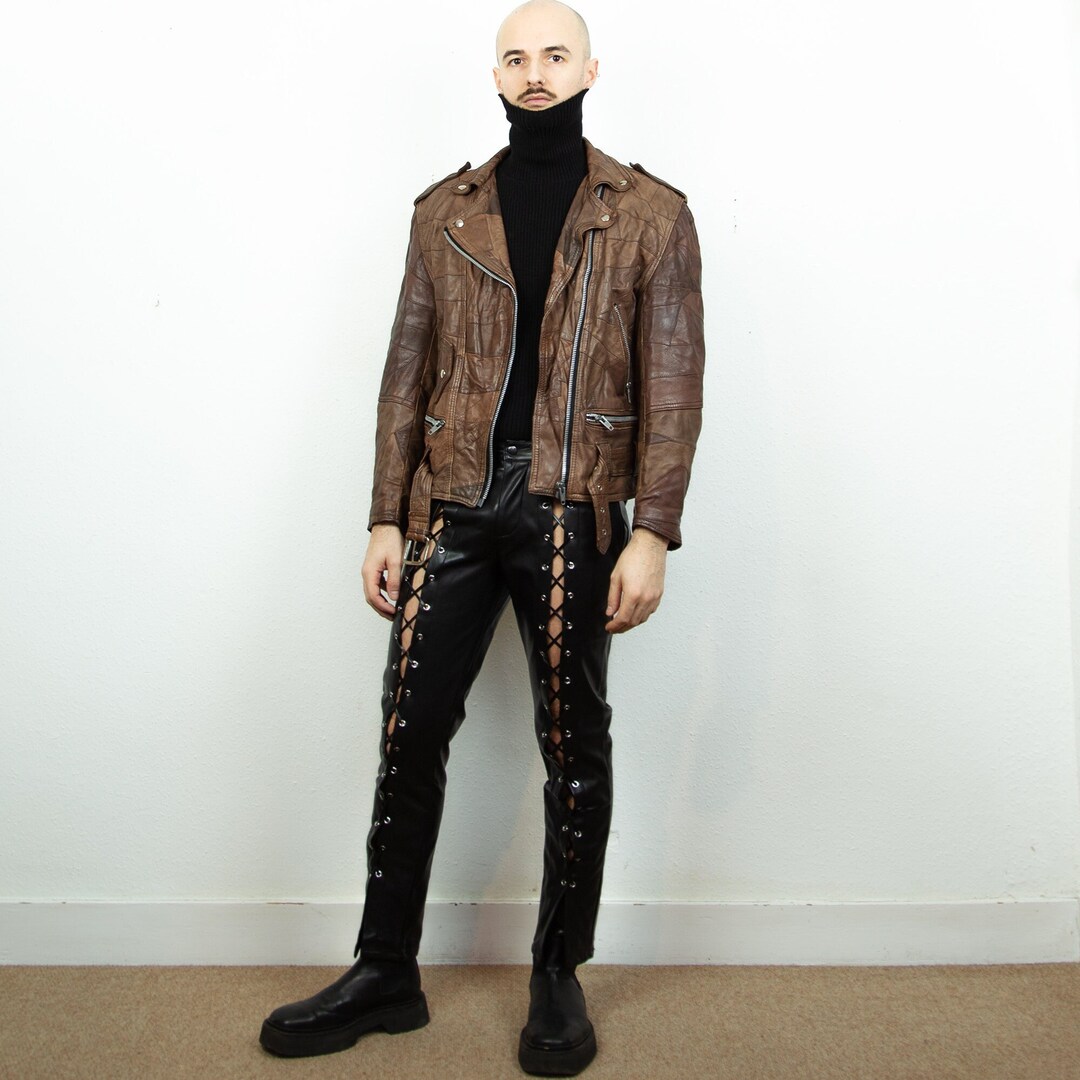 Vintage 80s Brown Real Leather Maxi Man Jacket Patchwork and - Etsy