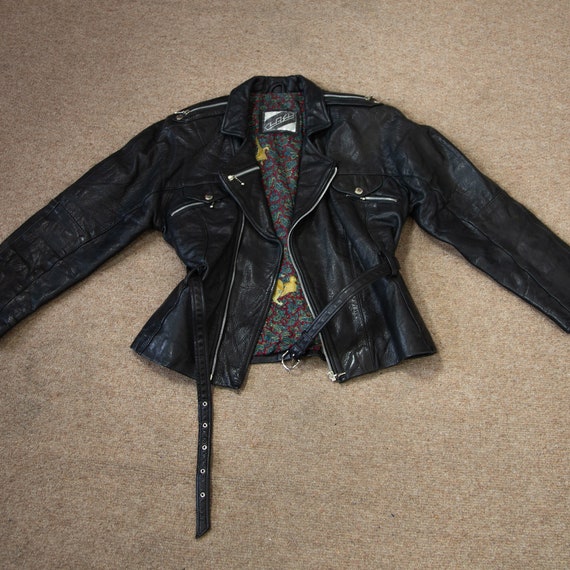 Vintage 1980s Black Real Leather Cinched Jacket With Belt Vintage 1980s Black Real Leather Cinched Jacket With Belt
