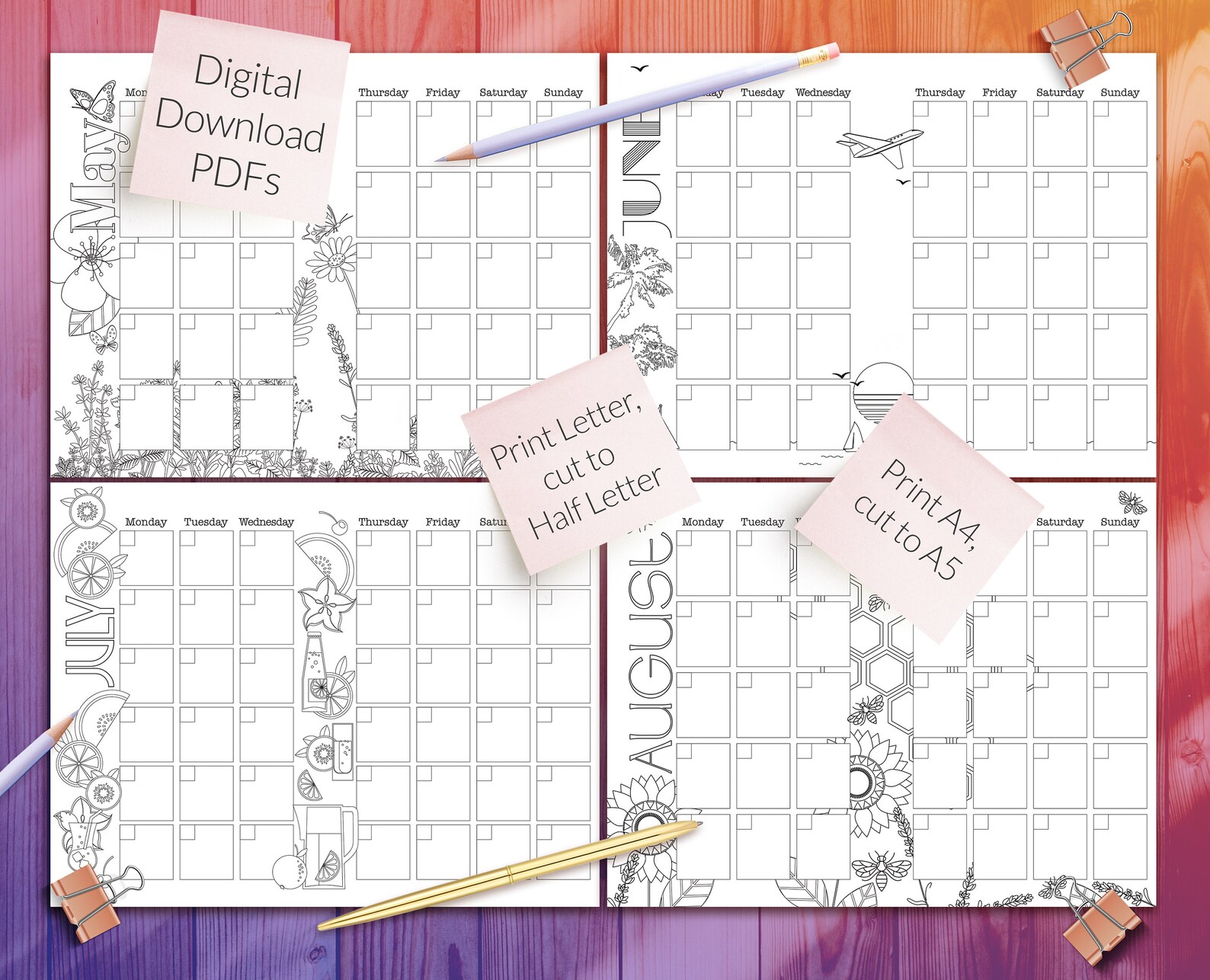 Printable Undated Calendar Monthly Pages for Journals and Planners ...