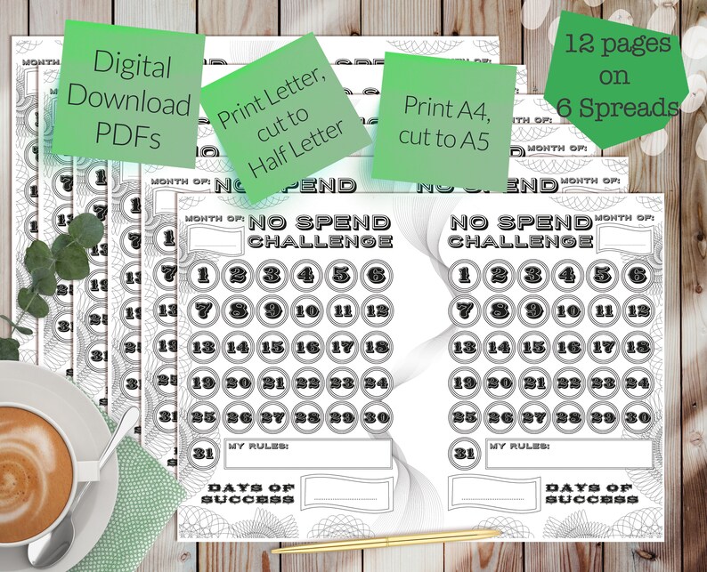 Printable No Spend Challenges for Planners and Journals – Fits A5 and ...