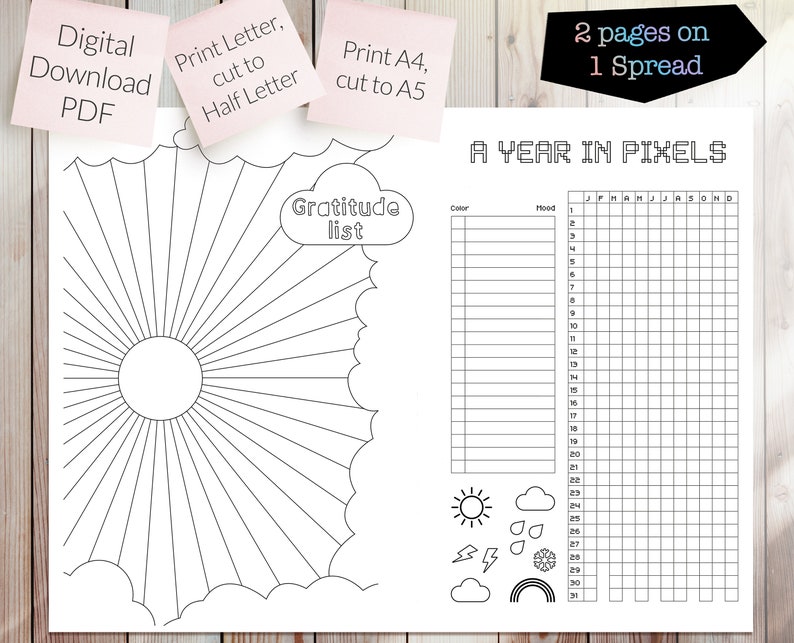 Printable Year in Pixels Mood Tracker and Gratitude Tracker for ...