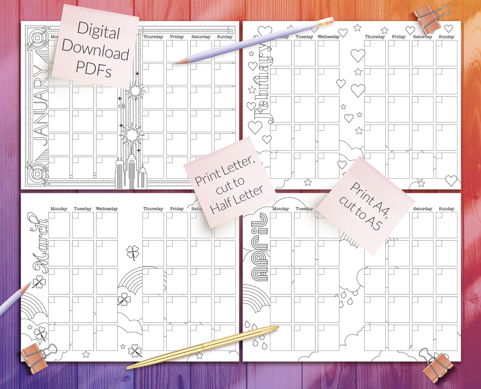 Printable Undated Calendar Monthly Pages for Journals and Planners ...