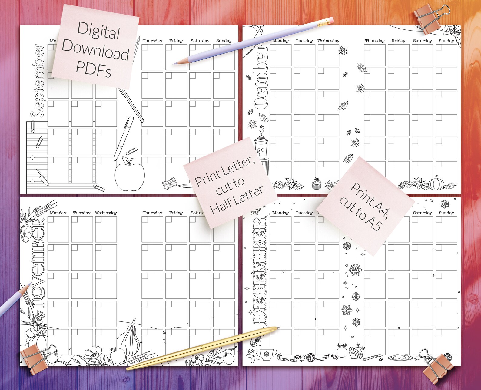 Printable Undated Calendar Monthly Pages for Journals and Planners ...