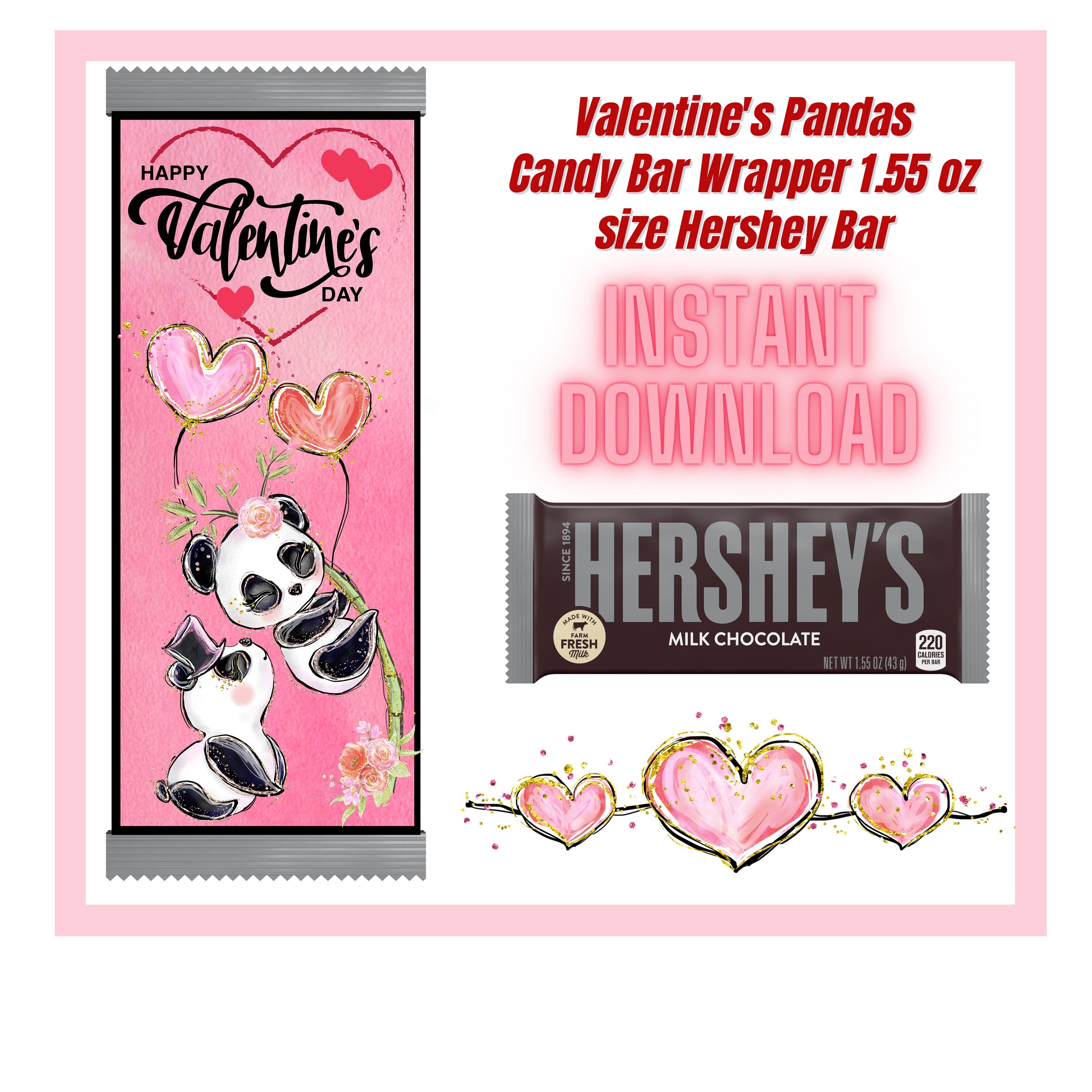 Happy Valentine's Day Pandas Candy Wrapper for Standard Size Hershey's ...