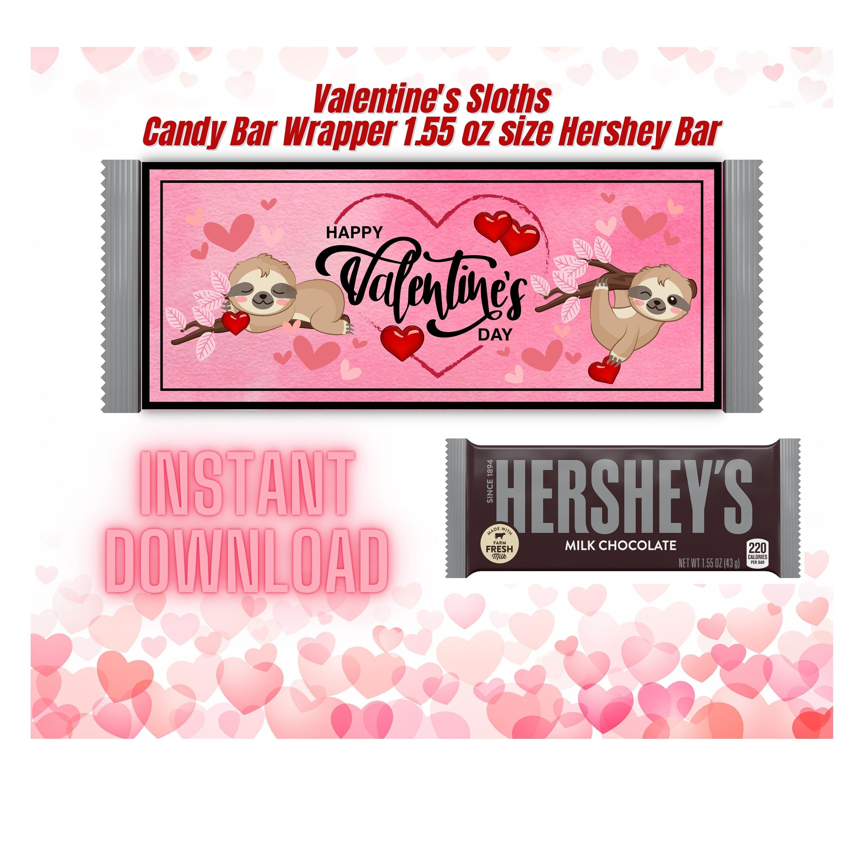 Happy Valentine's Day Sloths Candy Wrapper for Standard Size Hershey's ...