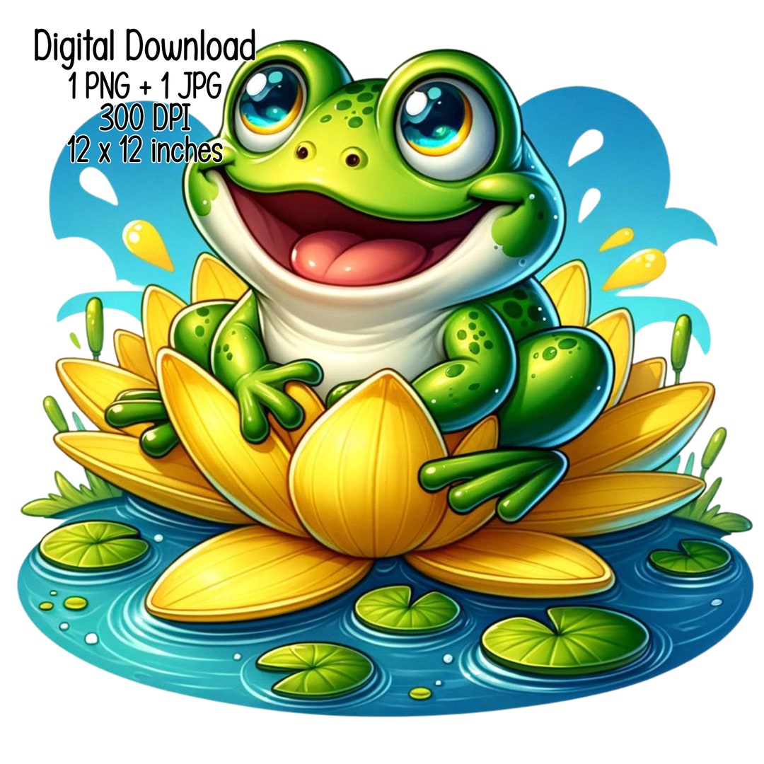 Cute Happy Frog in the Pond on Yellow Water Lily Digital Download ...