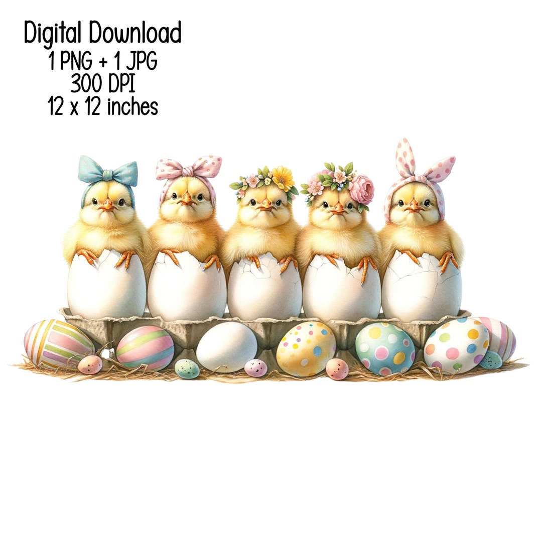 Easter Cute Chicks With Bow Pastel Watercolor Clipart Commercial Use ...