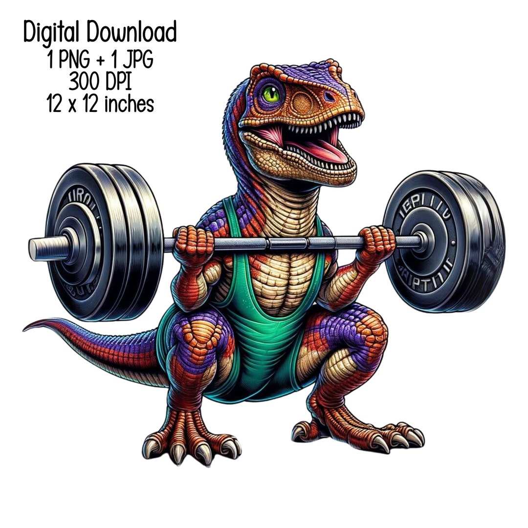 Cartoonish Dinosaur Weight Lifter Illustration | Digital Download ...