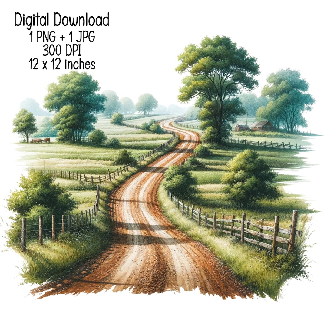 Country Road, Dirt Road With Fences Watercolor Clipart Commercial Use ...