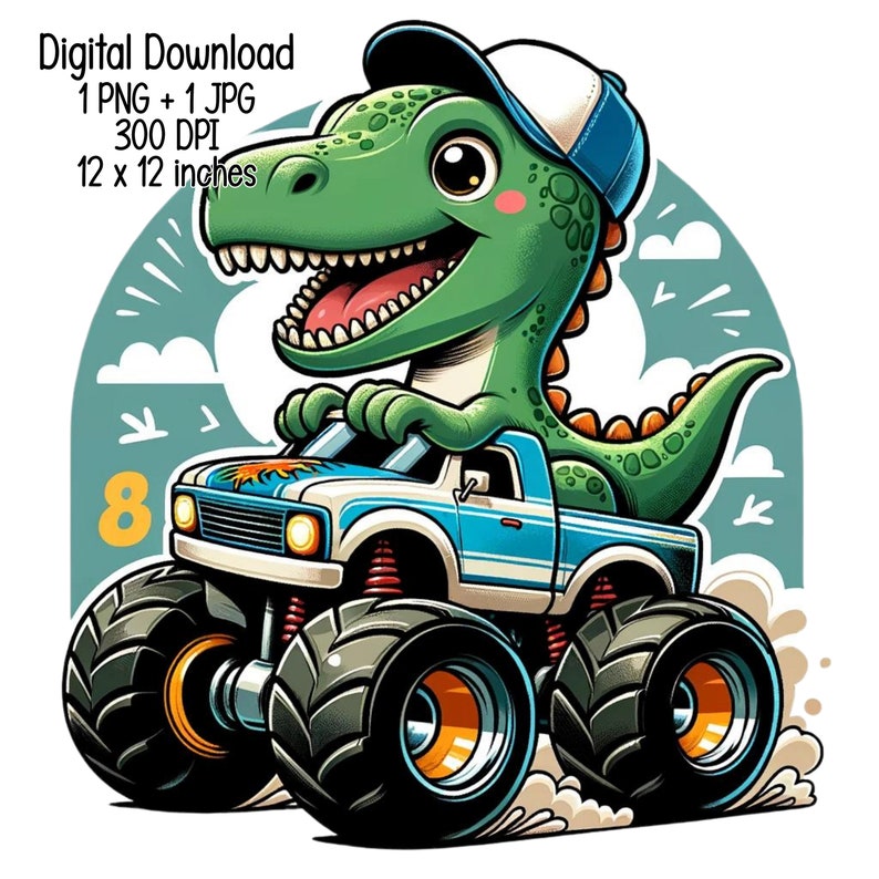 Cartoonish Dinosaur Riding an Off-road Truck Illustration for 8-year ...