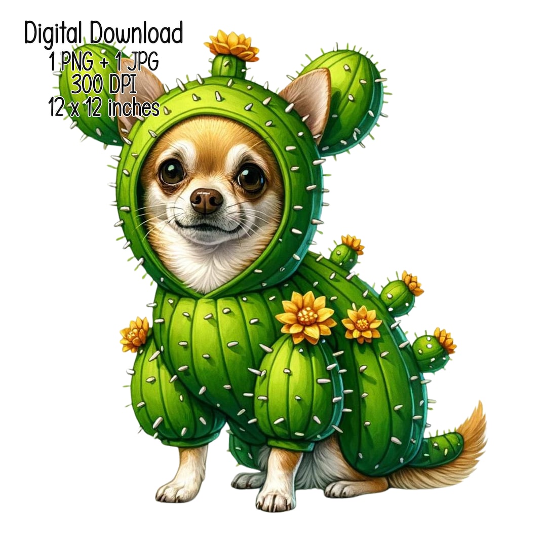 Chihuahua Dog Dressed as a Cactus Clipart Illustration Humorous Puppy ...
