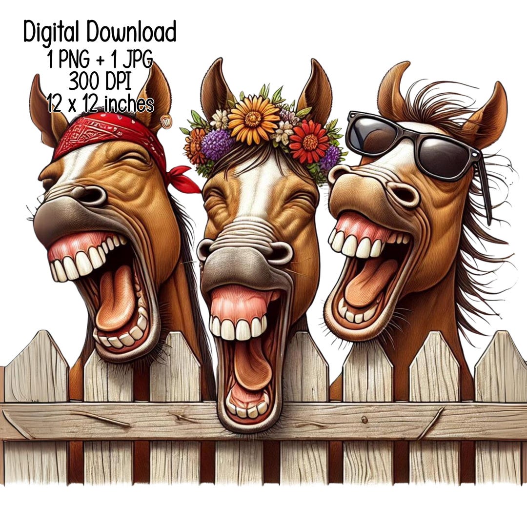 Crazy Funny Horses Clipart Illustration - Humorous Horse Digital ...