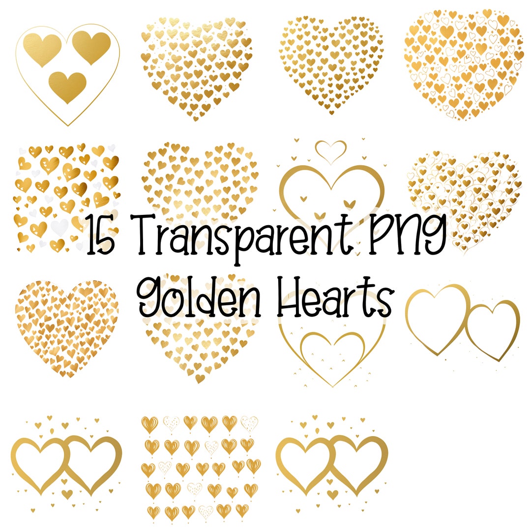 15 PNG Golden Hearts Transparent Clipart Digital Download Commercial ...