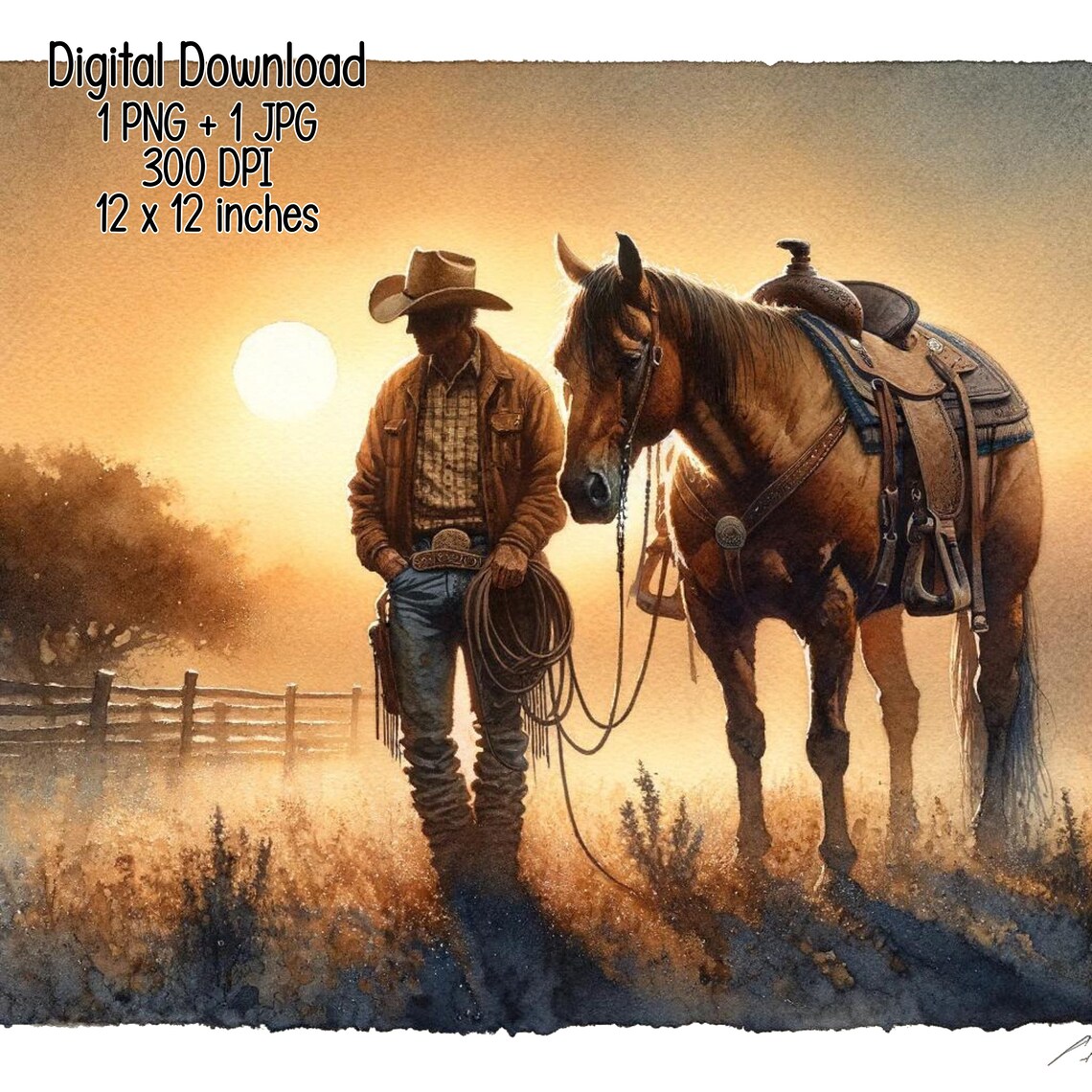 Texan Cowboy With Loyal Horse Watercolor Illustrations Clipart ...