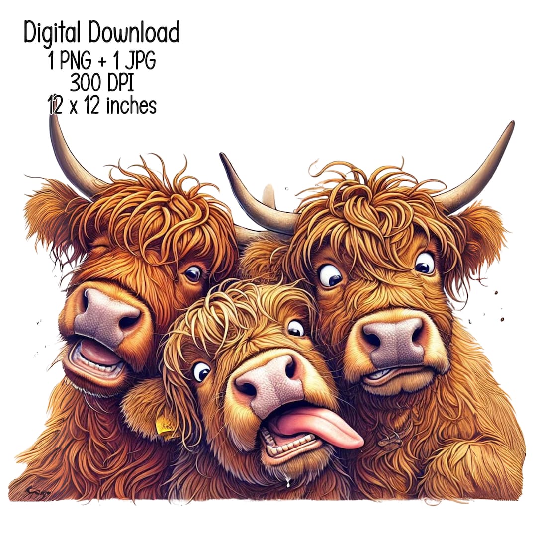 2 Humorous Crazy Highland Cows Besties Illustration | Digital Download ...