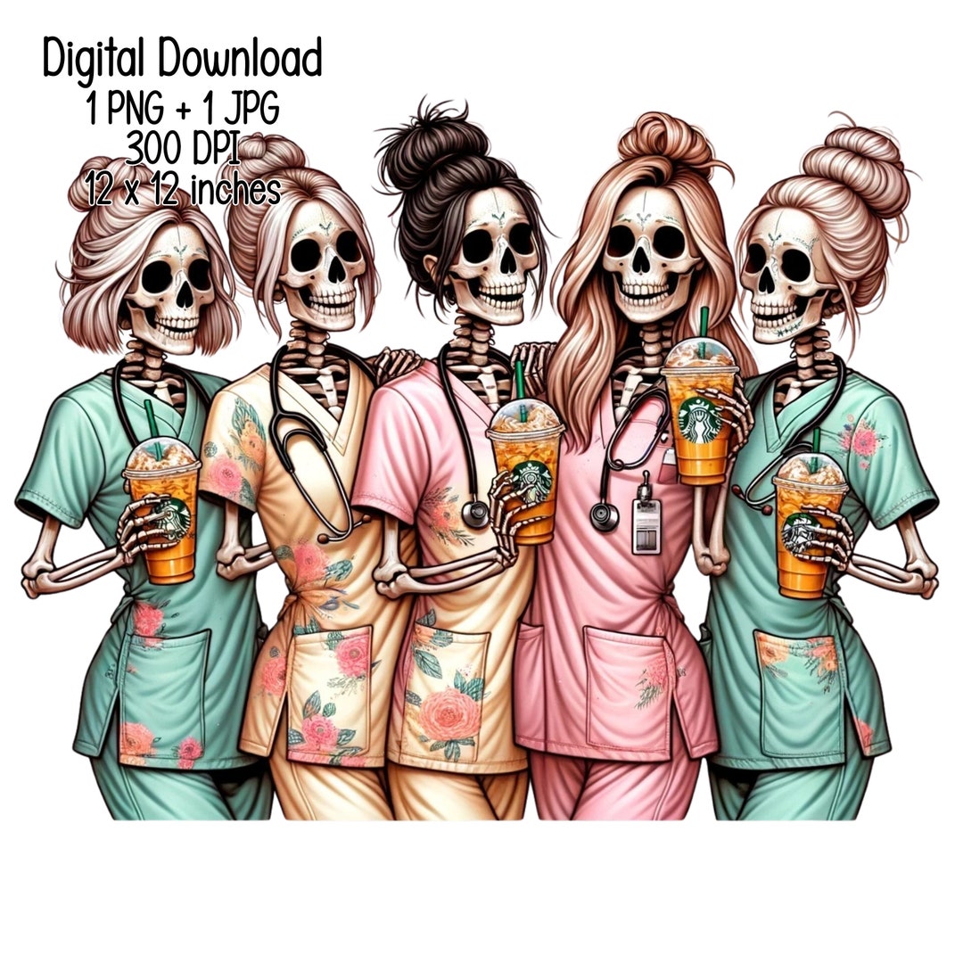 2 Skeleton Nurses Besties in Coffee Mood - Clipart Commercial Use ...