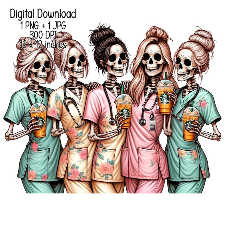 2 Skeleton Nurses Besties in Coffee Mood - Clipart Commercial Use ...