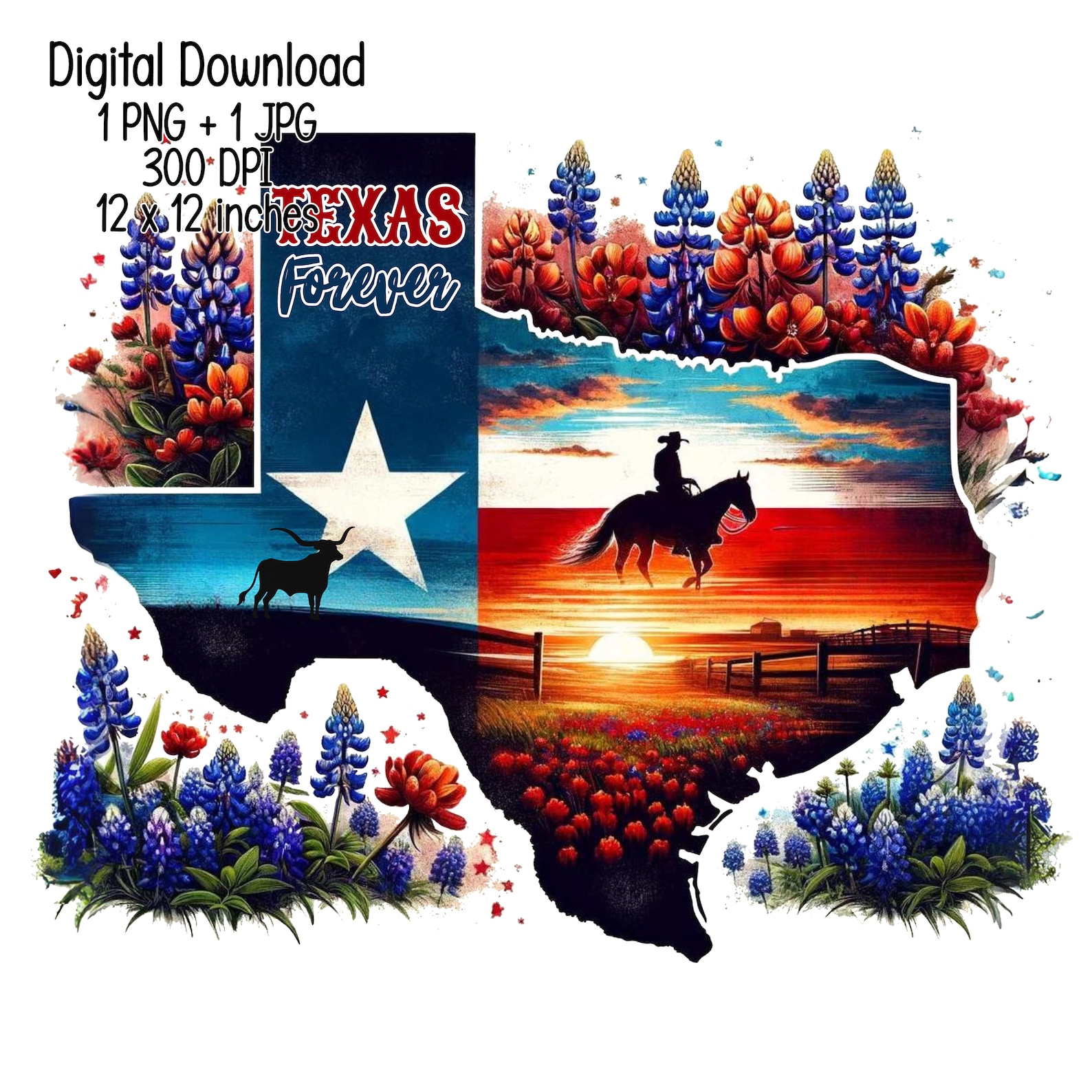 Texas Forever Watercolor Illustration Clipart Texas Map Flag Bluebonnet ...