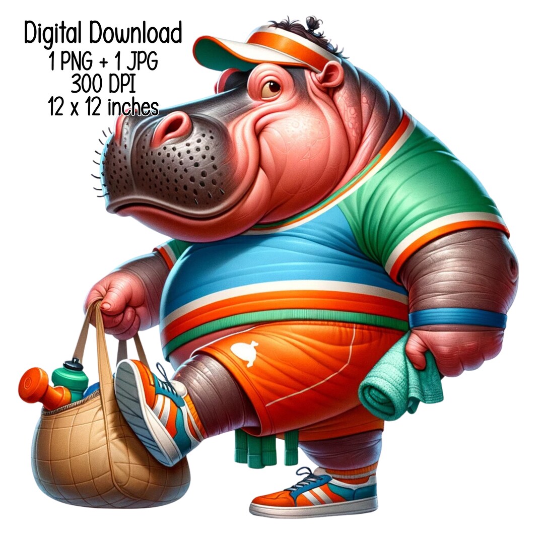Hippo in Gym, Sports Humorous Watercolor Clipart Commercial Use ...
