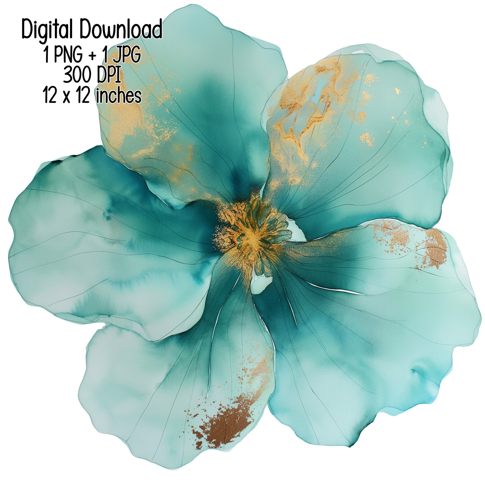 2 Abstract Flowers Clipart, Turquoise Gold Flower, Flowers Print ...