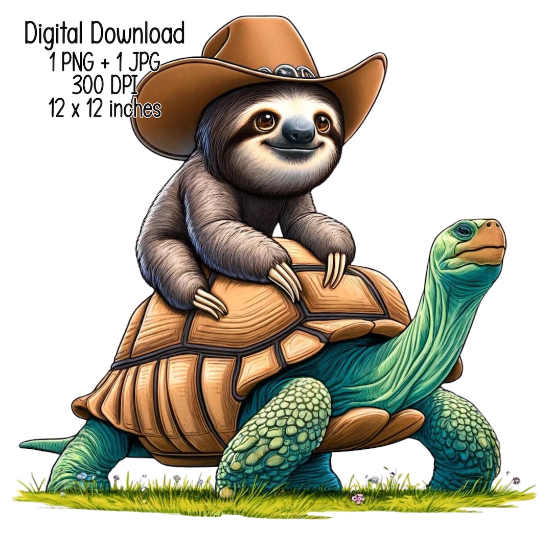 Sloth Riding Tortoise Texas Vibe Watercolor Clipart Commercial Use ...