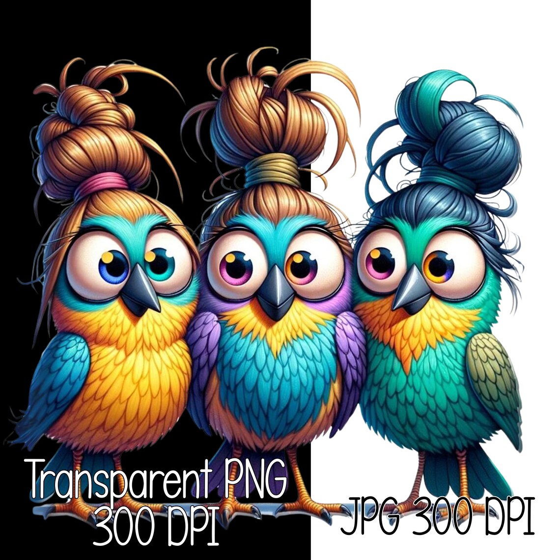 Birds Besties With Messy Hair Buns, Cute Clipart Commercial Use ...