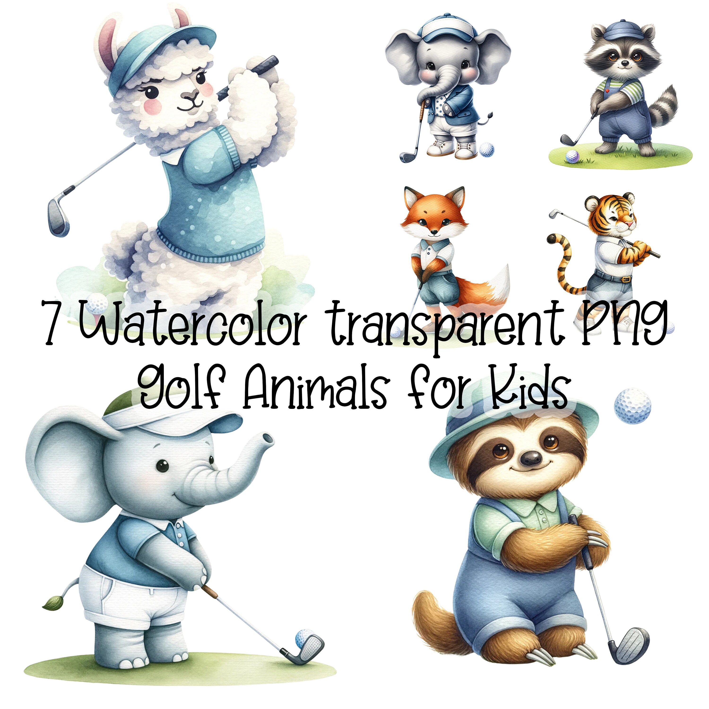 7 PNG Golf Nursery Room Animals Watercolor Transparent Clipart Digital ...