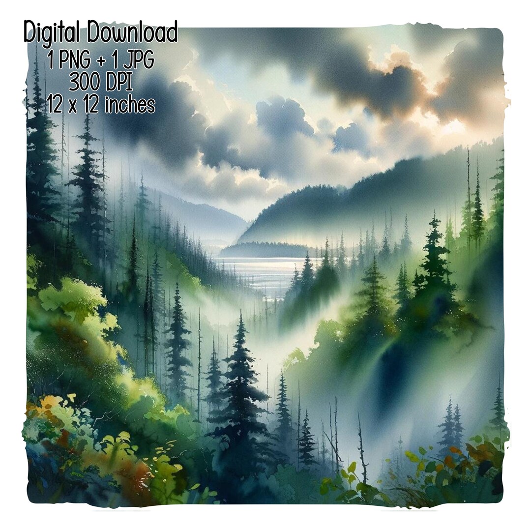 Alaskan Coastal Rainforest Watercolor Illustration Alaska Landscape ...