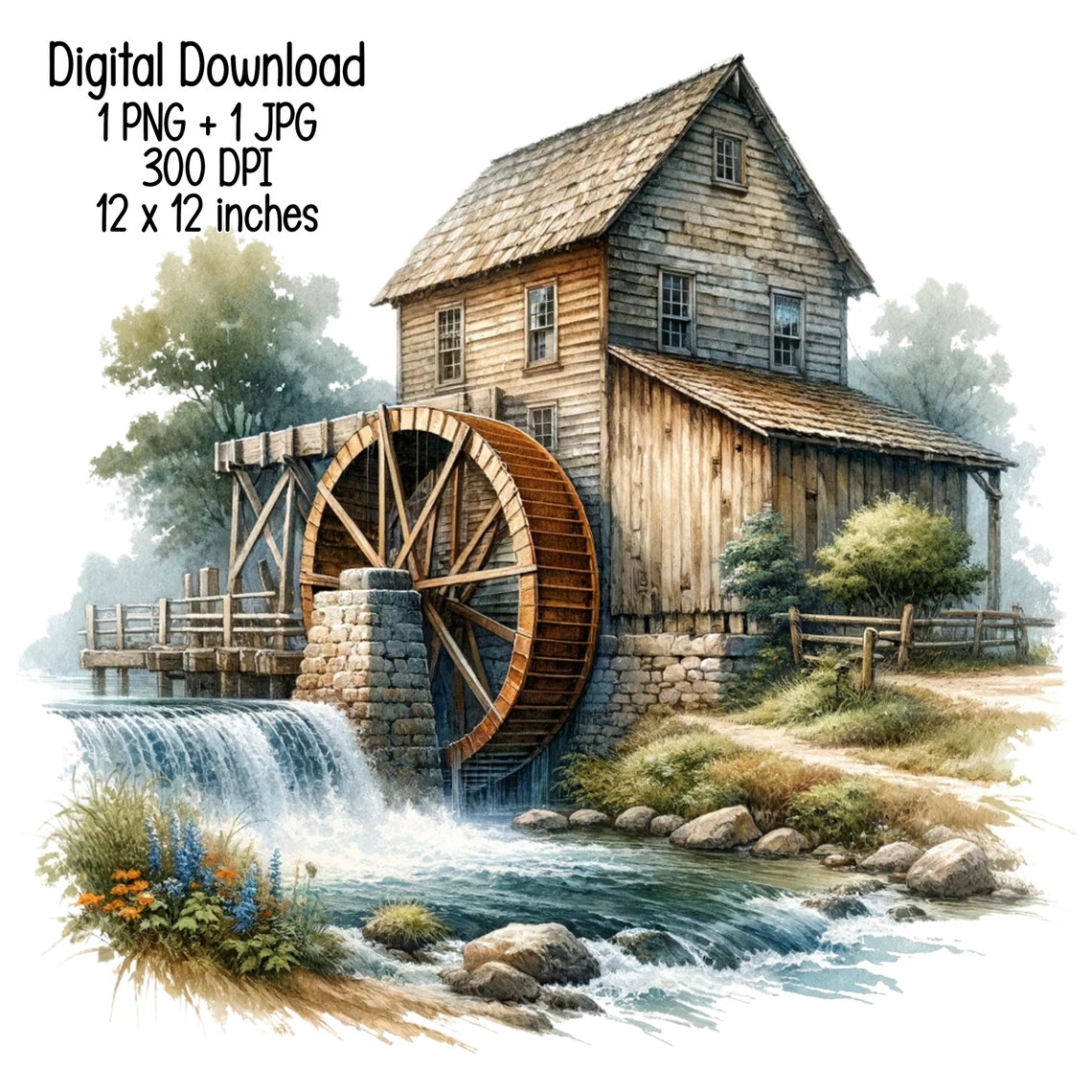 Old Water Mill Rural Country Watercolor Clipart Commercial Use ...