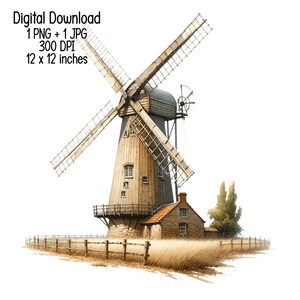 Old Windmill Rustic Rural US Watercolor Clipart Commercial Use ...
