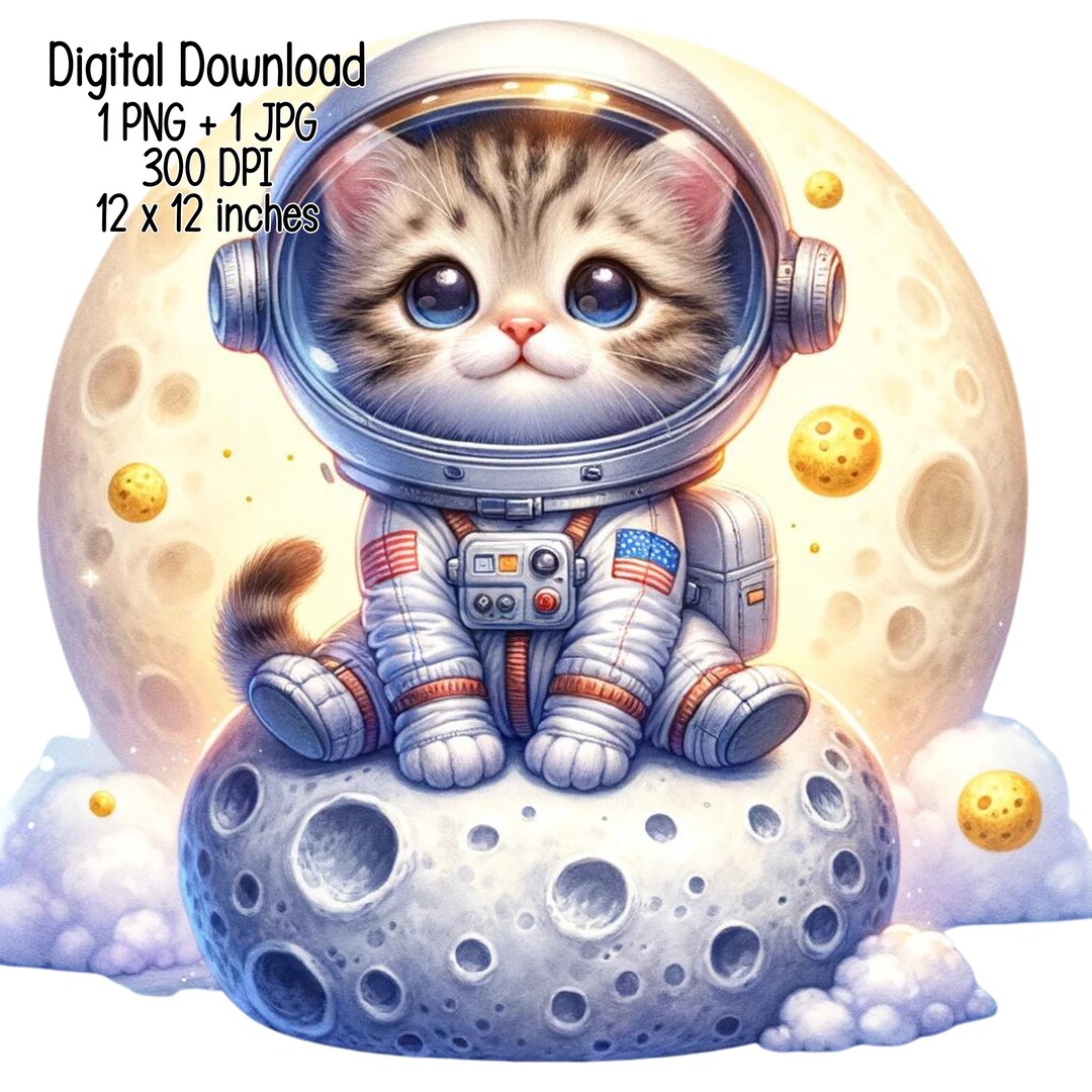 Astronaut Kitten on a Moon Adorable Cosmos Clipart Illustration ...