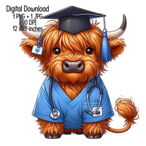 Nurse Graduation Highland Cow Cute Clipart Commercial Use Sublimation ...