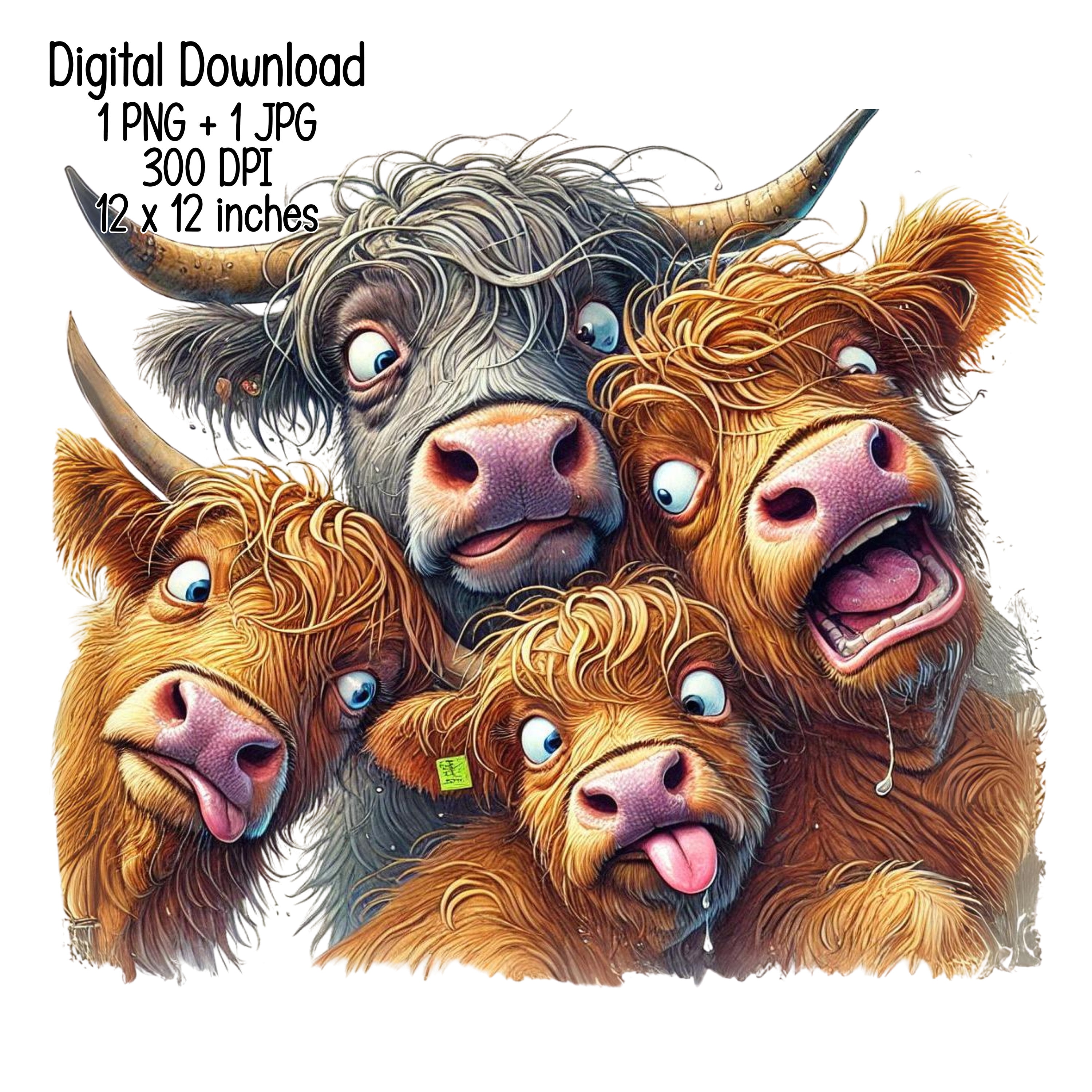 2 Humorous Crazy Highland Cows Besties Illustration Digital Download ...