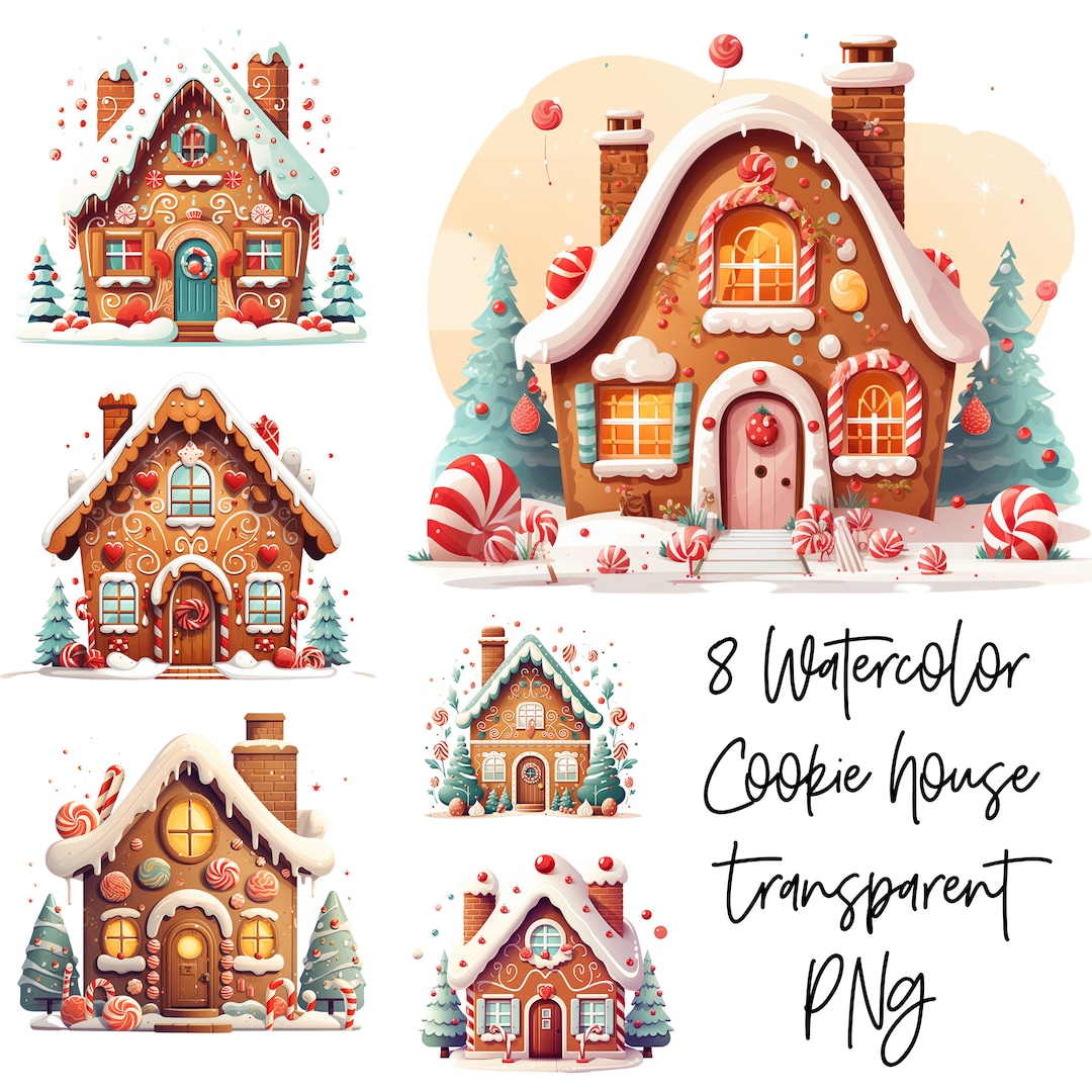 8 PNG Christmas Cookie House Transparent Watercolor Clipart Digital ...